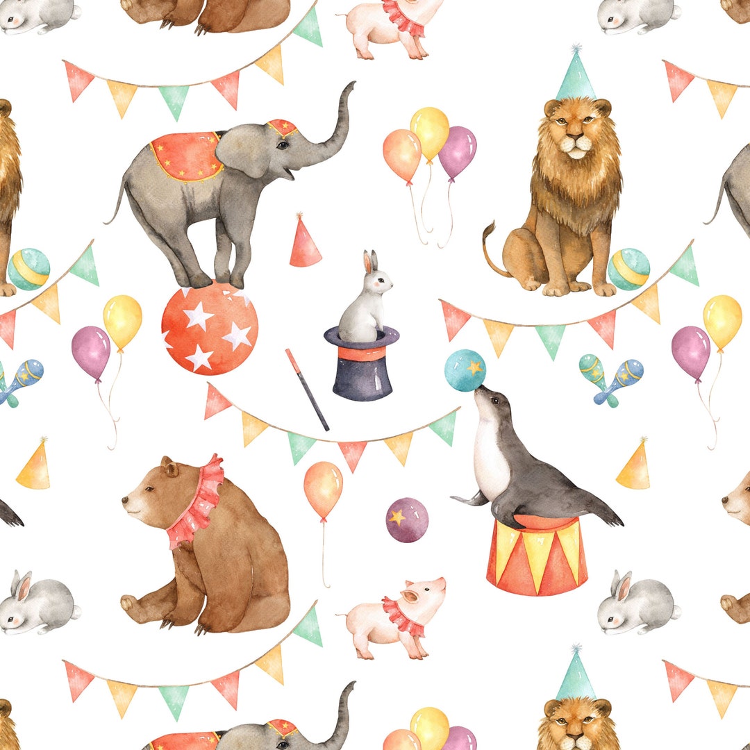 Circus Animal Fabric - Baby Zoo, Elephant, Rabbit, Magician, Lion, Bear ...
