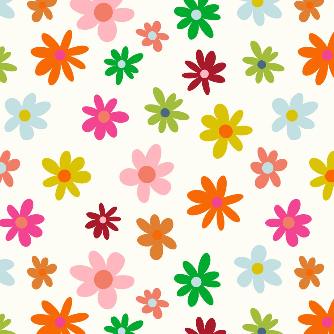 Retro Daisy Flowers Fabric by the Yard. Quilting Cotton, Knit, Jersey ...