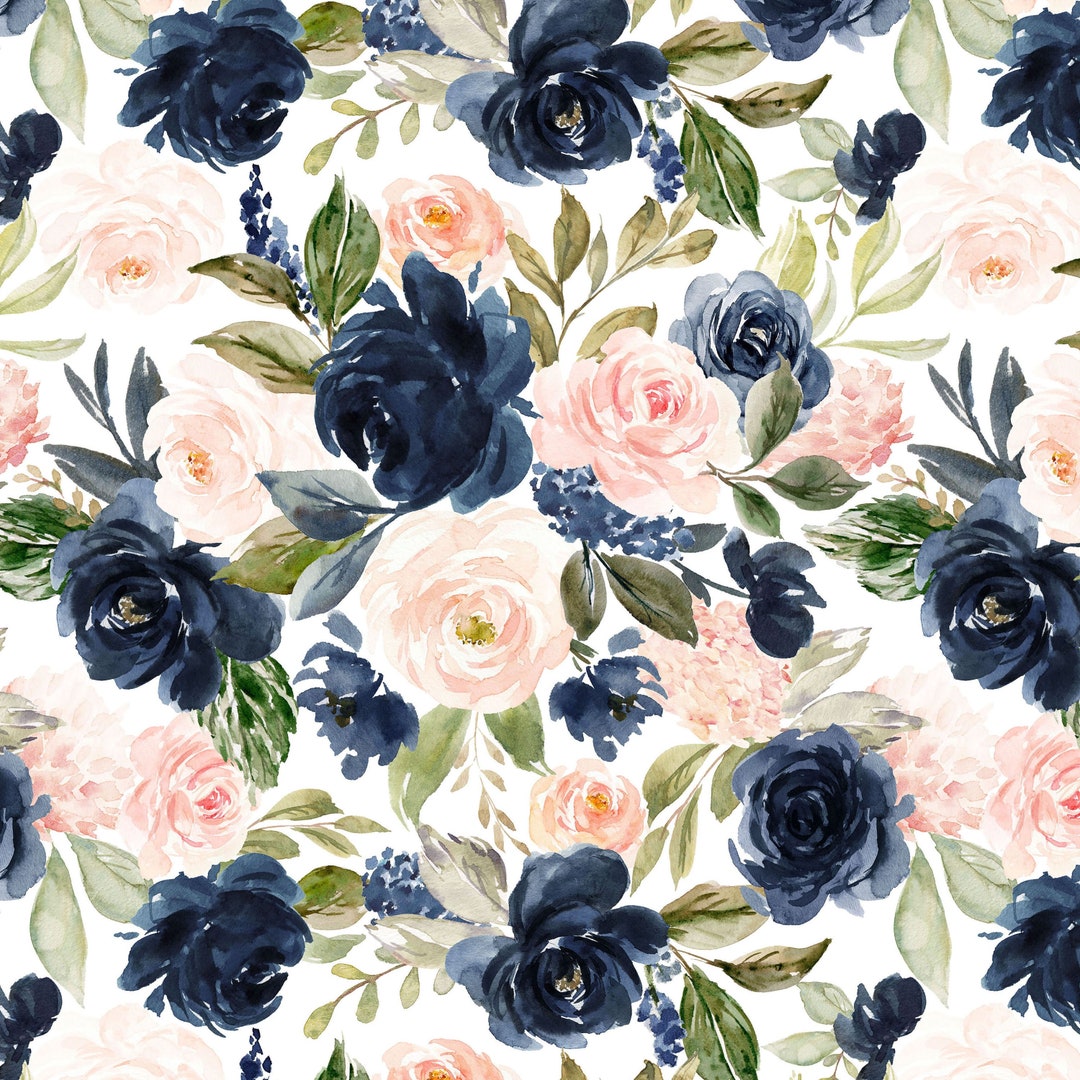 Pink and Navy Floral Fabric by the Yard. Quilting Cotton, Organic Knit ...