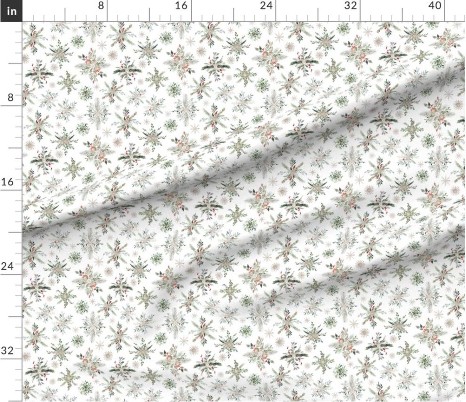 Floral Snowflakes Fabric, Winter Snow, Christmas, Holiday Greenery ...