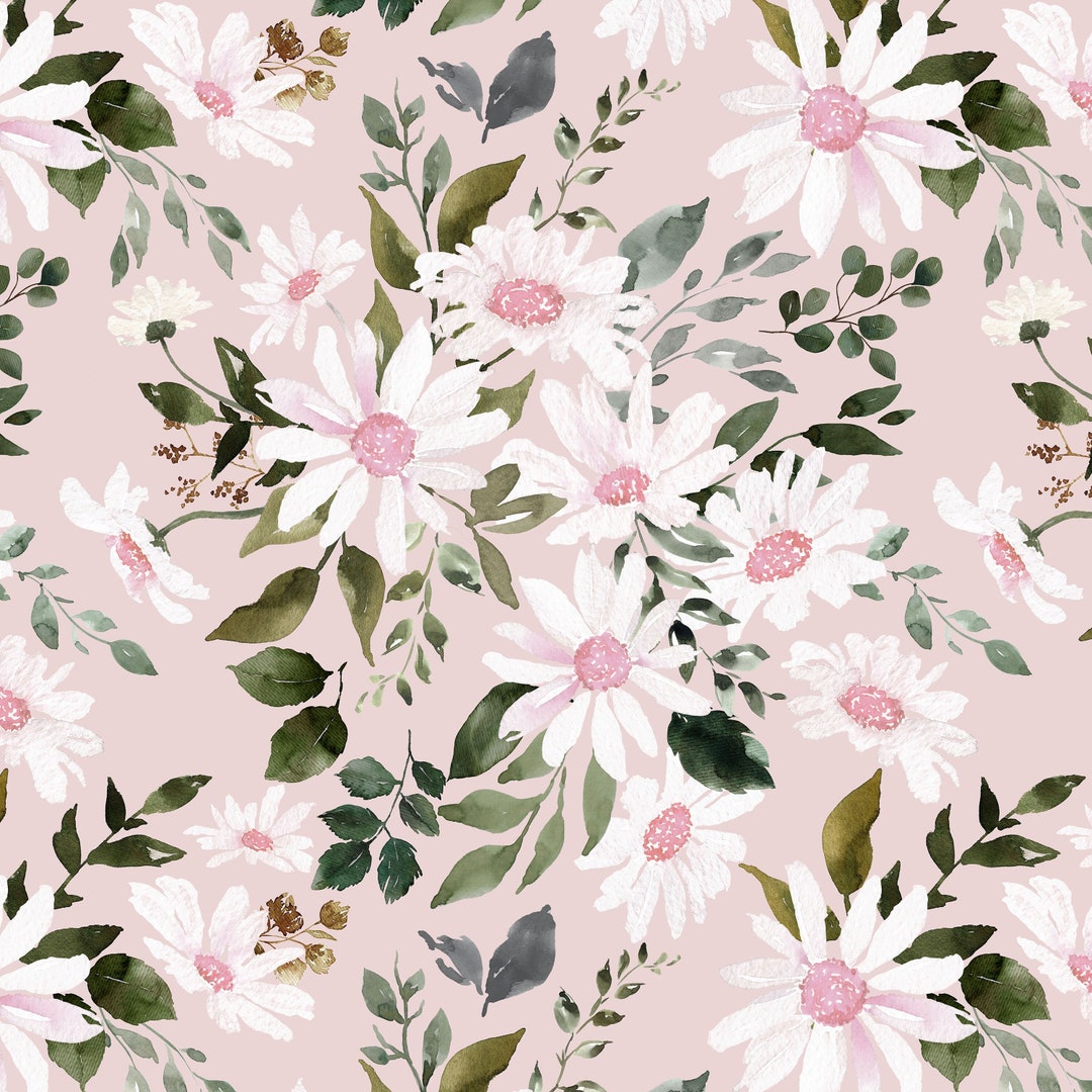 Pink Daisy Fabric - Watercolor Floral Daisies, Blush Flowers, Botanical ...