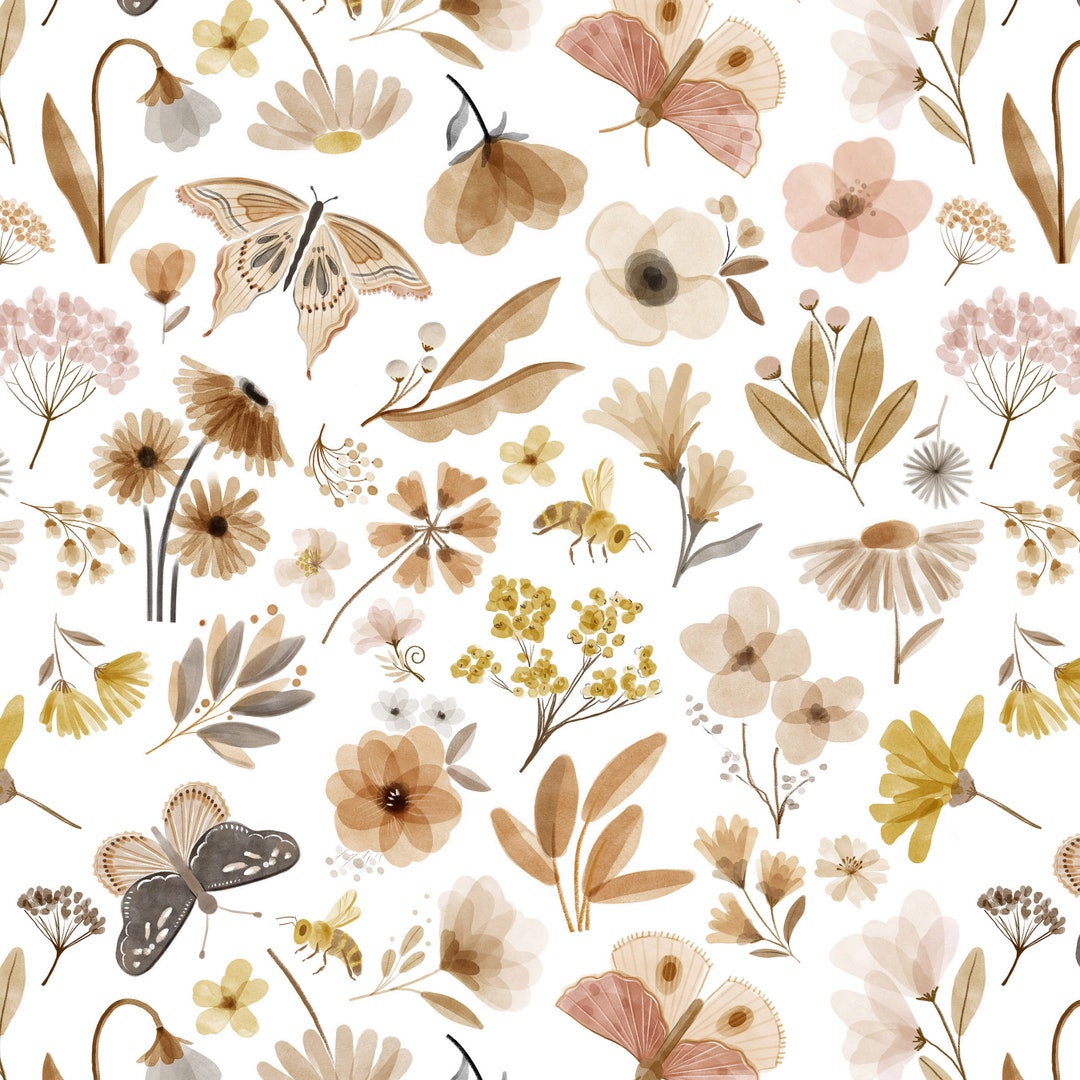 Botanic Garden Floral Fabric - Watercolor Florals, Butterflies and Bees ...