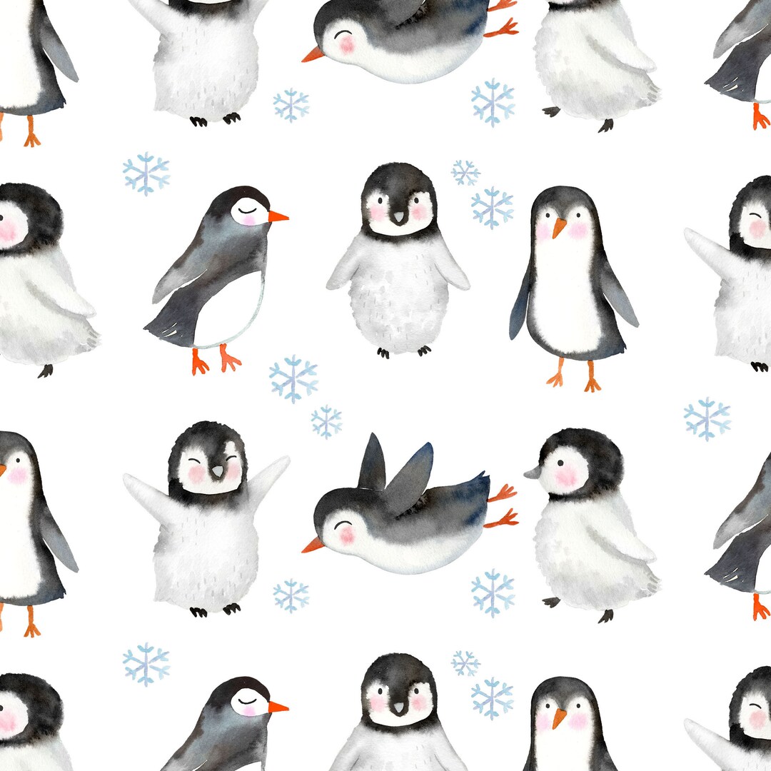 Winter Penguins Fabric - Watercolor Penguin, Bird, Snow, Christmas ...