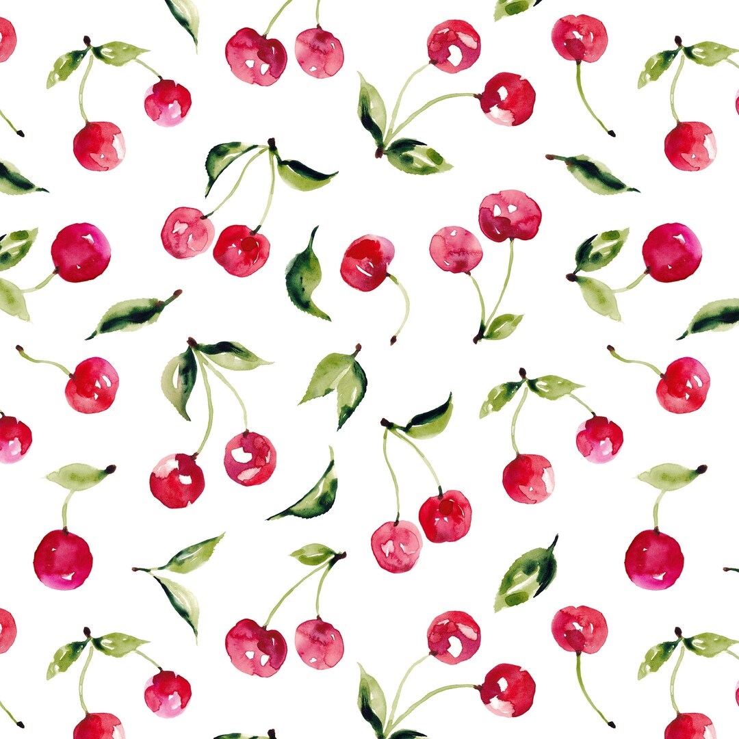Watercolor Cherries Fabric by the Yard - Red Cherry and Leaves, Fruit ...