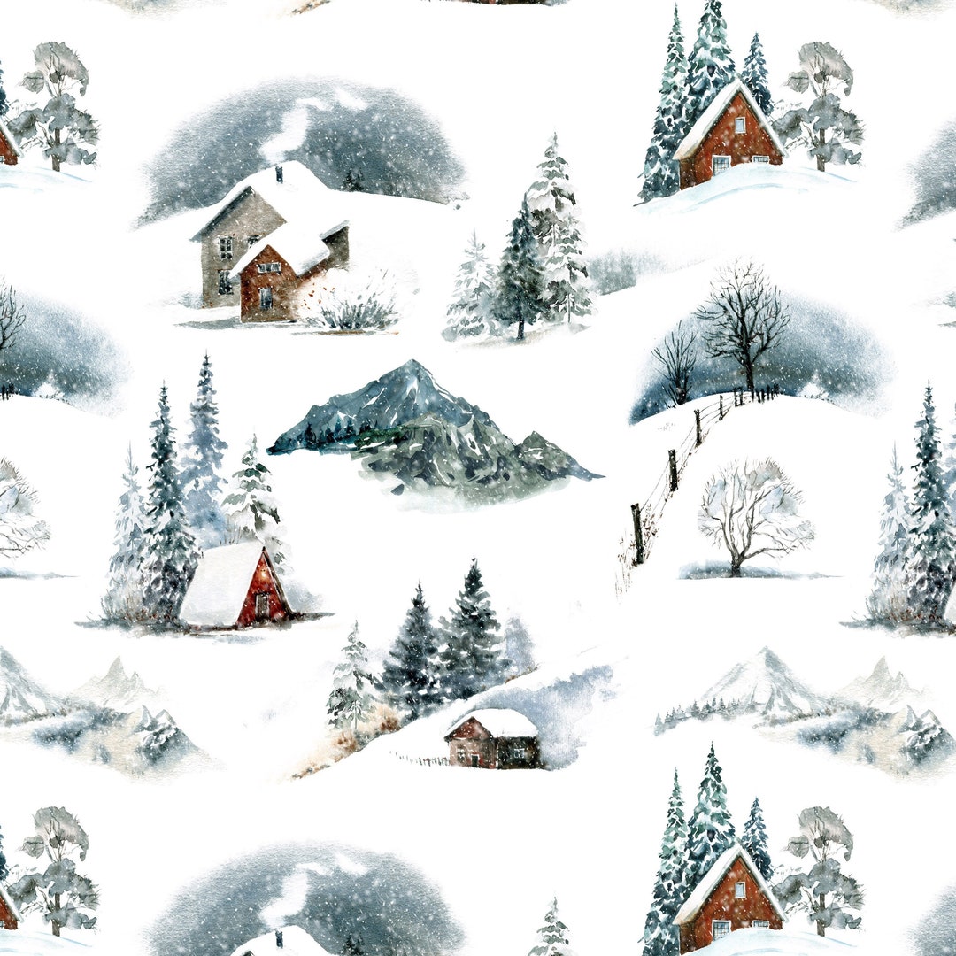 Winter's Night Fabric by the Yard, Woodland, Mountains, Snow, Holidays ...