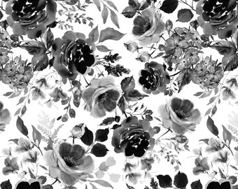 Floral B&W Fabric Large Scale Painterly Floral in Black and White by ...