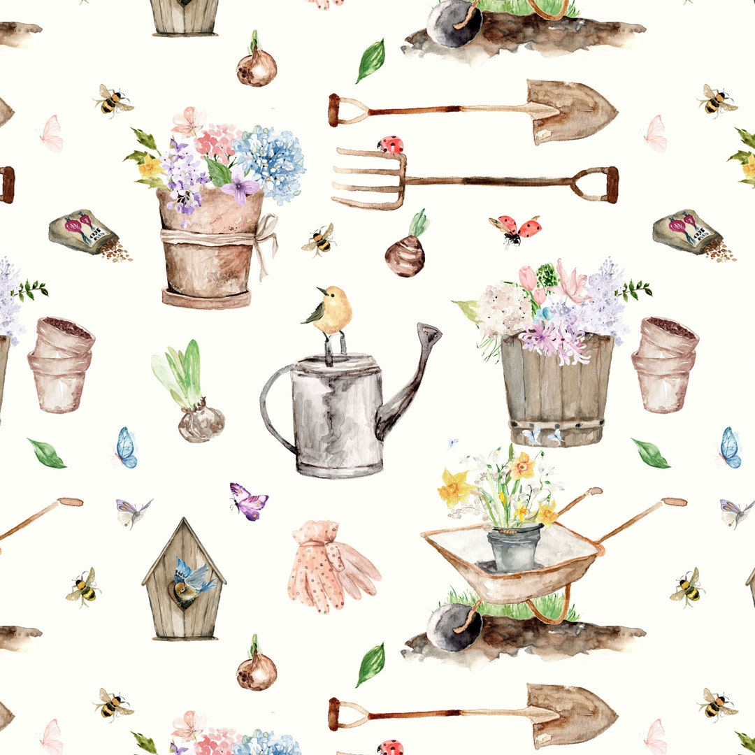 Spring Gardening Fabric by the Yard, Watercolor Florals, Planters ...