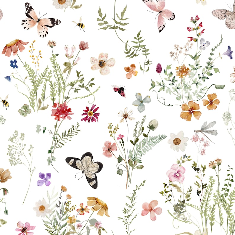 Wildflower and Butterflies Fabric in Quilting Cotton, Organic Knit ...