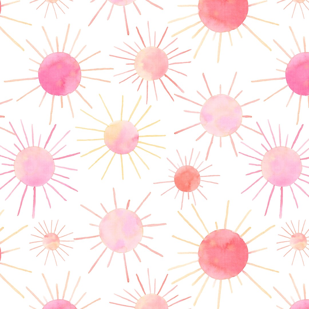 Watercolor Sun Fabric by the Yard - Beach Suns in Coral, Pink and ...