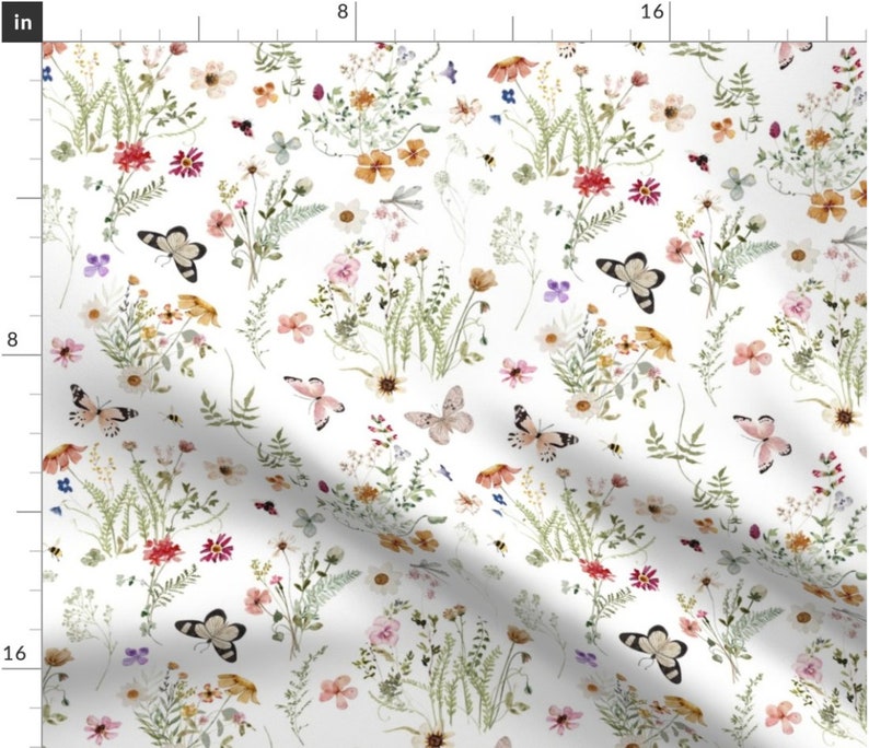 Wildflower and Butterflies Fabric in Quilting Cotton, Organic Knit ...