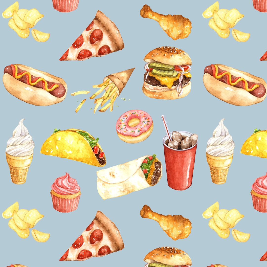 Junk Food Fabric by the Yard. Burger, Taco, Pizza, French Fries ...