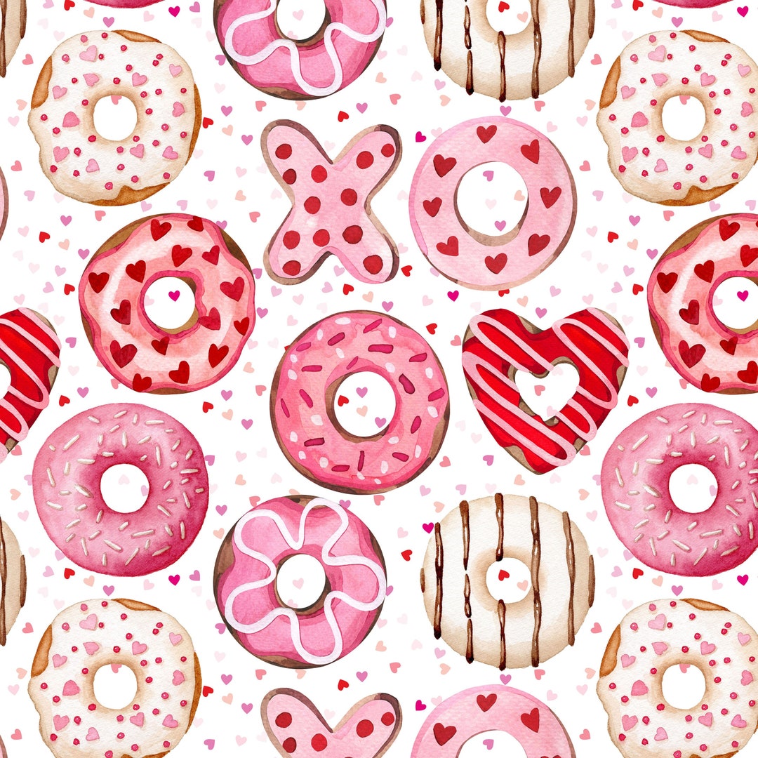 Valentine Donut Fabric - Heart and Donuts, Valentine's Day, Red Pink ...