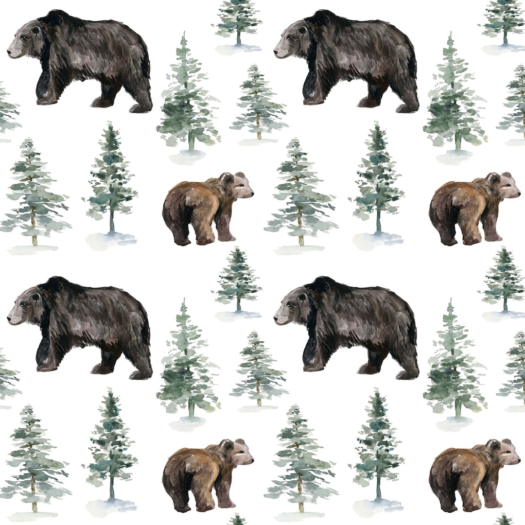 Bear Fabric - Woodland Bears and Trees, Nursery, Forest Animals ...