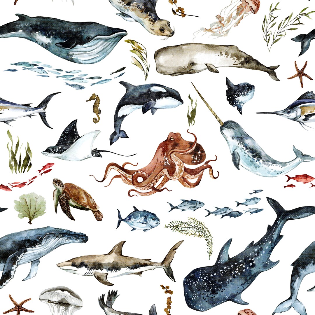 Ocean Animals Fabric by the Yard. Quilting Cotton, Poplin, Knit, Jersey ...