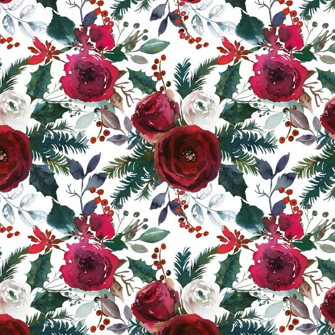Christmas Floral Fabric - Red and Green Flowers, Xmas, Holidays ...