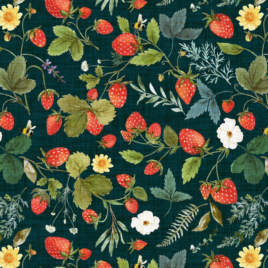 Strawberry Garden Fabric by the Yard - Watercolor Wild Strawberries ...
