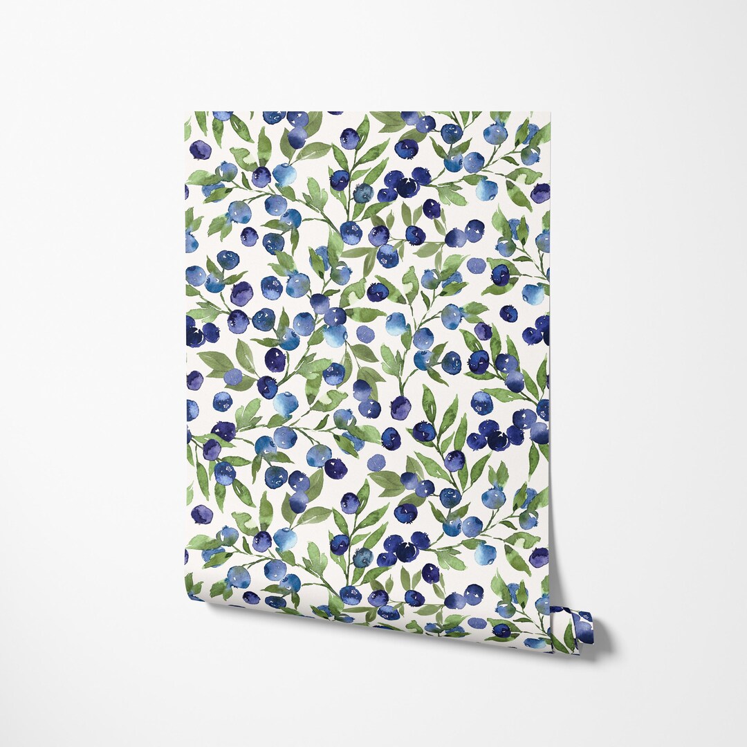 Blueberry Wallpaper, Watercolor Blueberries Fruit and Botanical - Peel ...