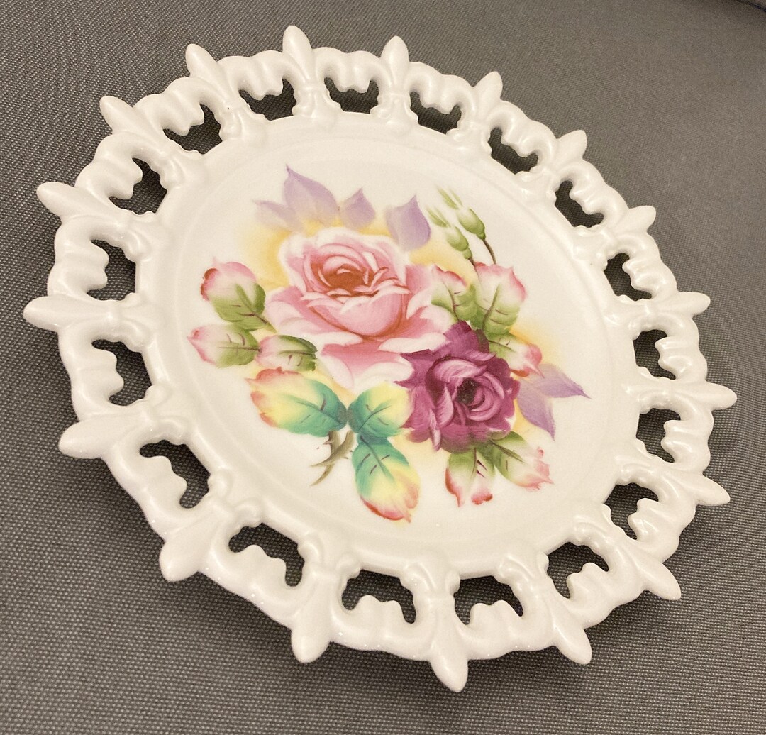 Vintage Lefton China Roses Lattice Edge Cut-outs Dish Saucer Hand ...