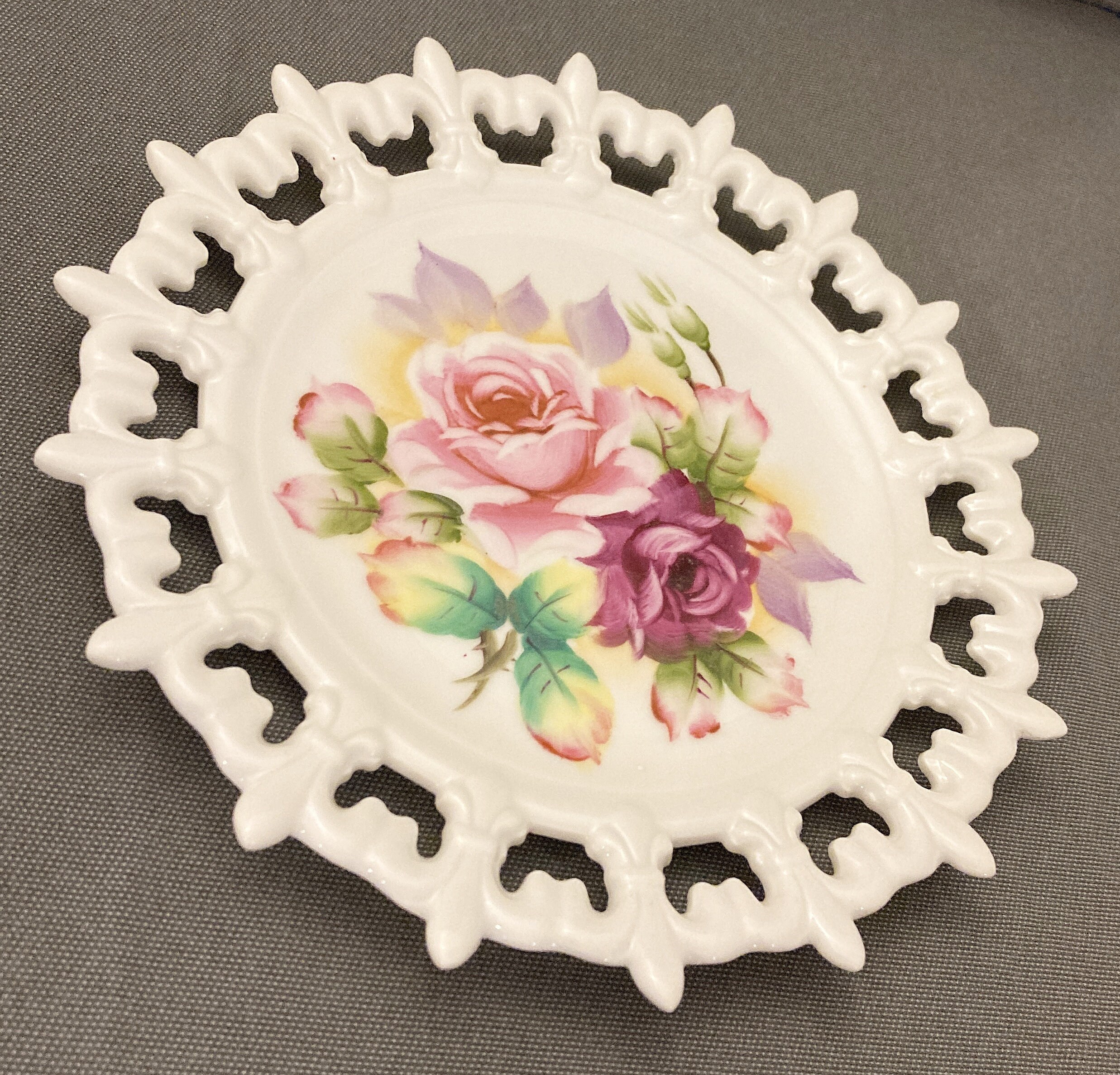 Vintage Lefton China Roses Lattice Edge Cut-outs Dish Saucer Hand ...