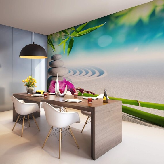 Zen Garden Wallpaper With Pebbles Orchid Flower Bamboo | Etsy