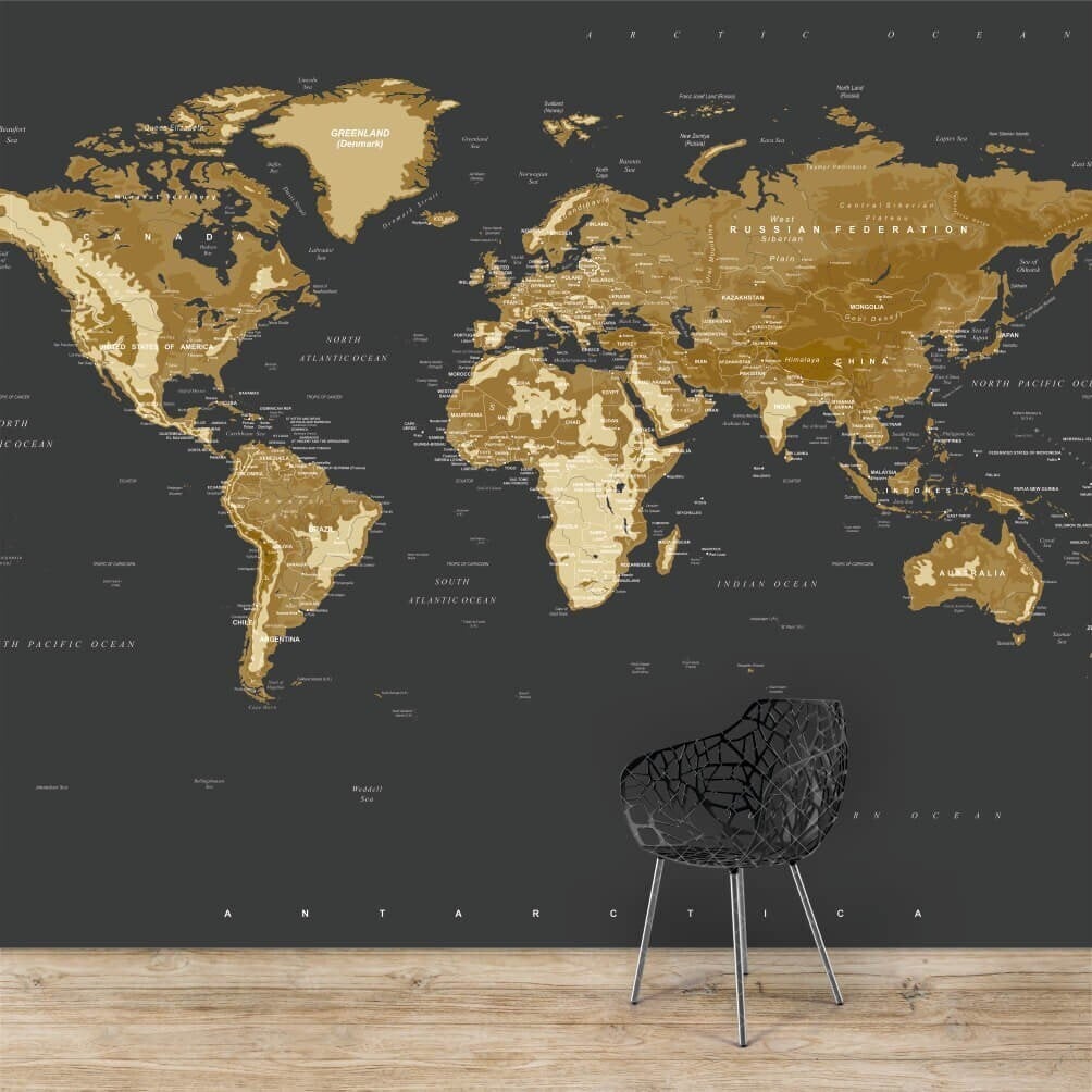 World Map Wallpaper Black and Gold - Etsy
