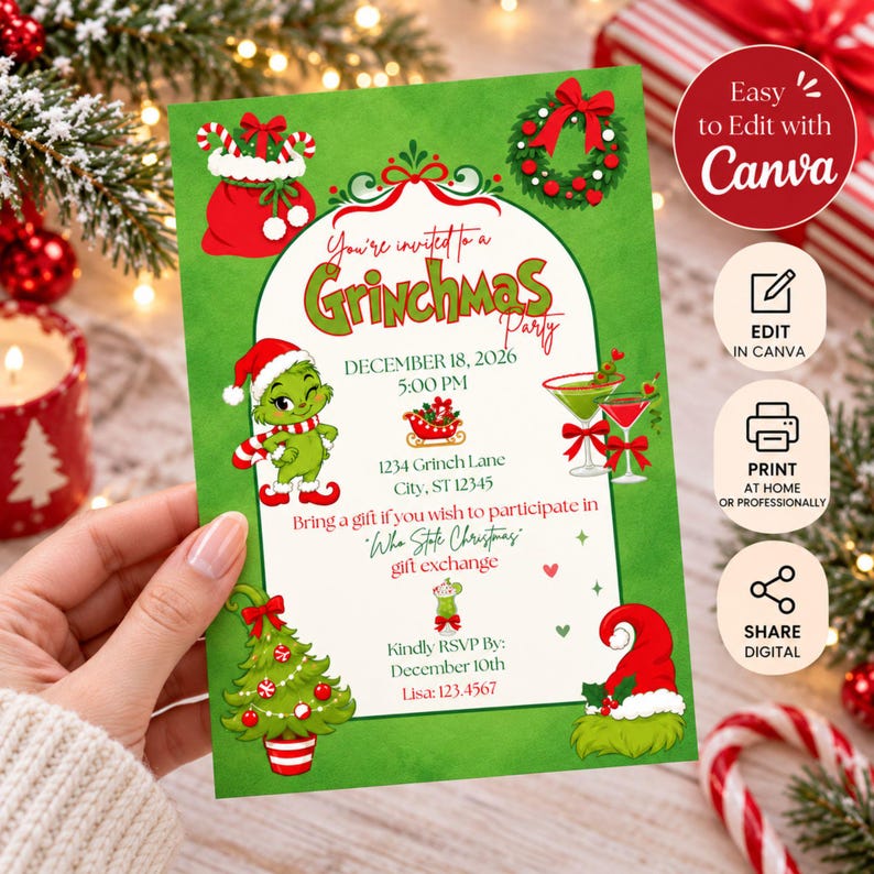 Ginchmas Party Invitation Christmas Canva Template - Etsy