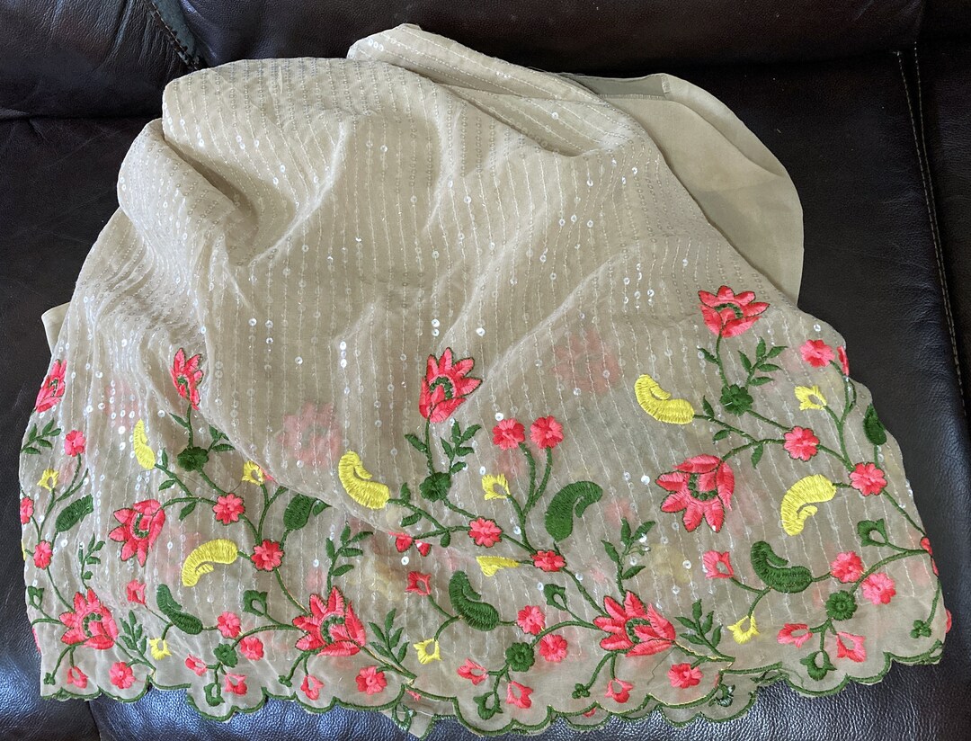 Soft Flowy Light Brown Chiffon Fabric Embellished With Off-white ...