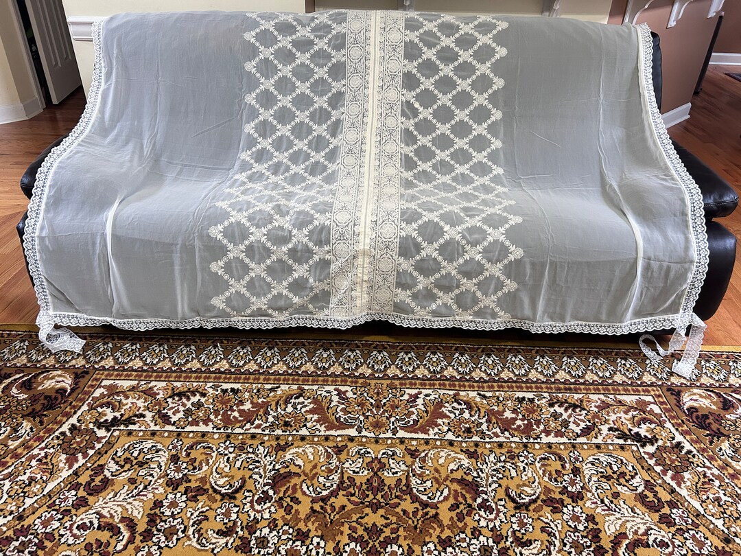 CLEARANCE 9.3x7.3 Feet Creme Intricately Embroidered Georgette Chiffon ...