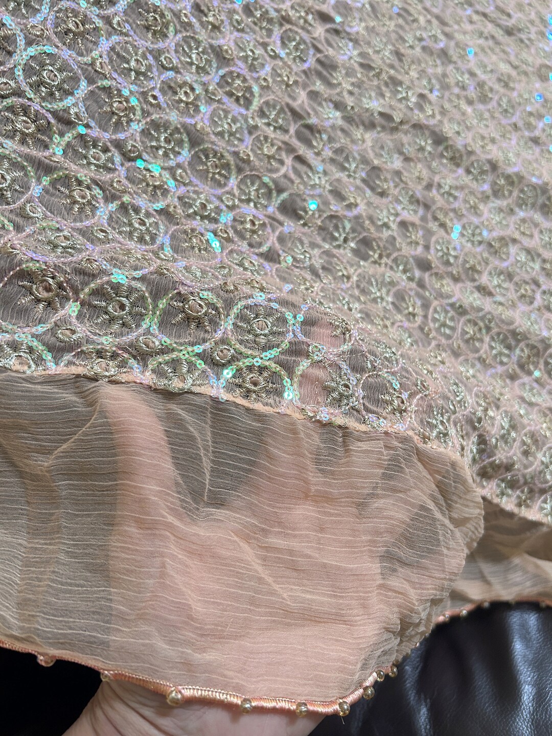 Gold Embroidered Sequins on Peach Chiffon Tassels Bedspread 7x7.5 Feet ...