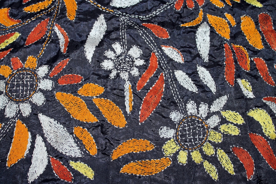 Vintage, Boho, Black, Silk Blend, Hand Embroidered in Floral Motifs ...