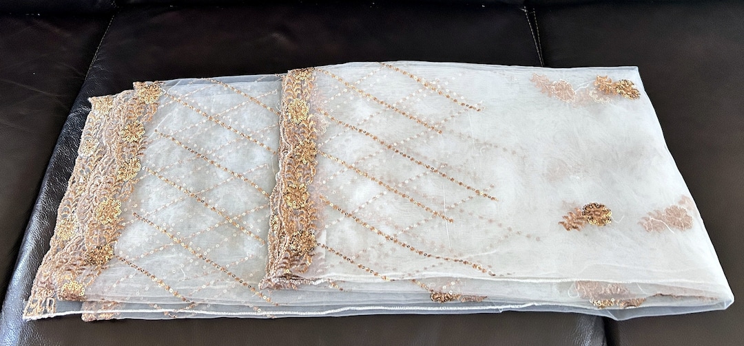 Boho Rose Gold Embroidery With Gold Sequins on White Net Cut Piece: Use ...