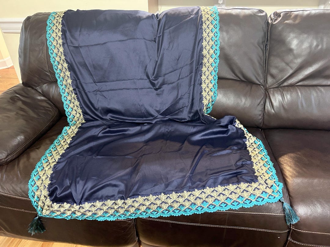 Blue Satin With Embroidered Borders, Tassels Shawl Wrap Sofa Throw Bed ...