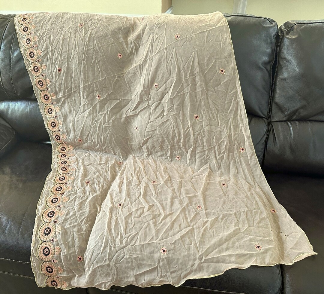 Peach Chiffon Fabric Cut Piece With Gold Edging and Embroidered Border ...