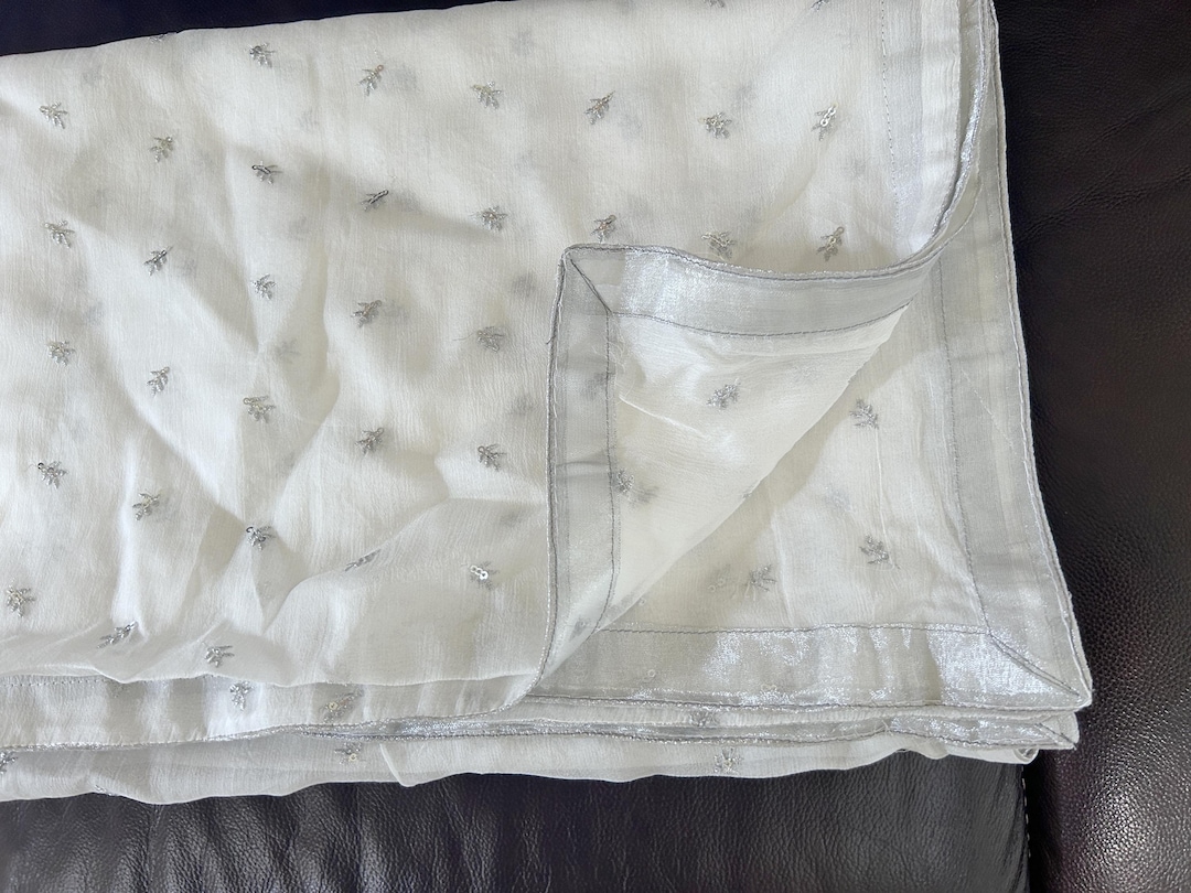 Silver Embroidery on Off-white, Fine Chiffon With Silver Binding Wrap ...