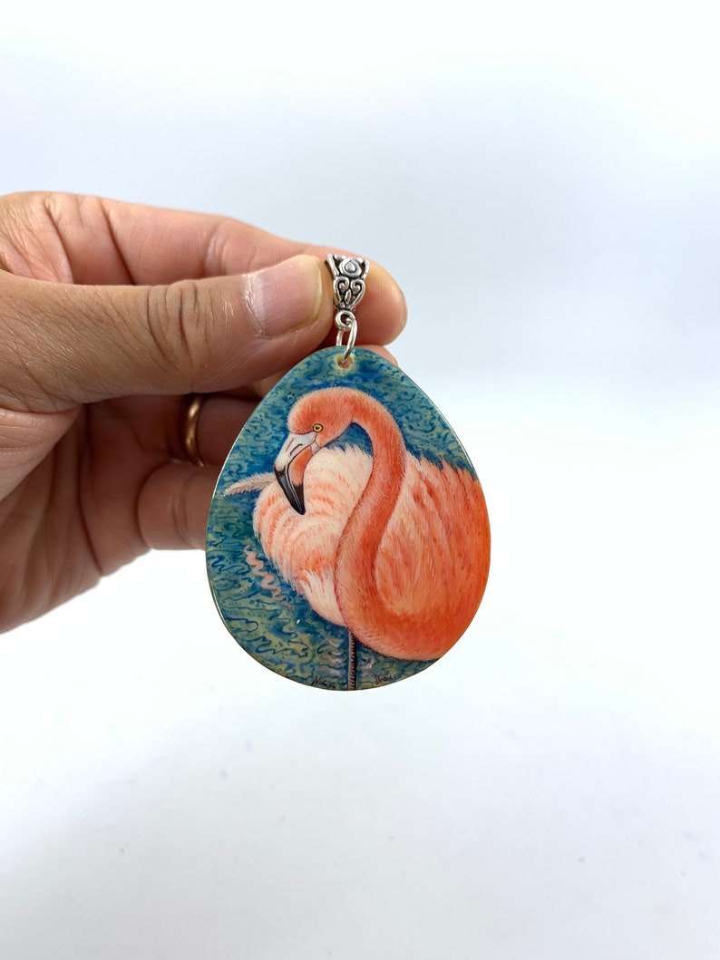 Hand Painted Flamingo Pendant Painted Shell Russian Lacquer - Etsy