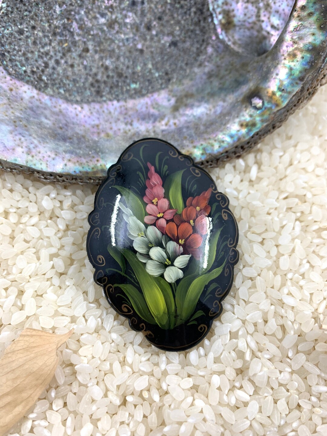 Flower Pin, Hyacinth Flower, Hand Painted Brooch, Paper Mache, Lacquer ...