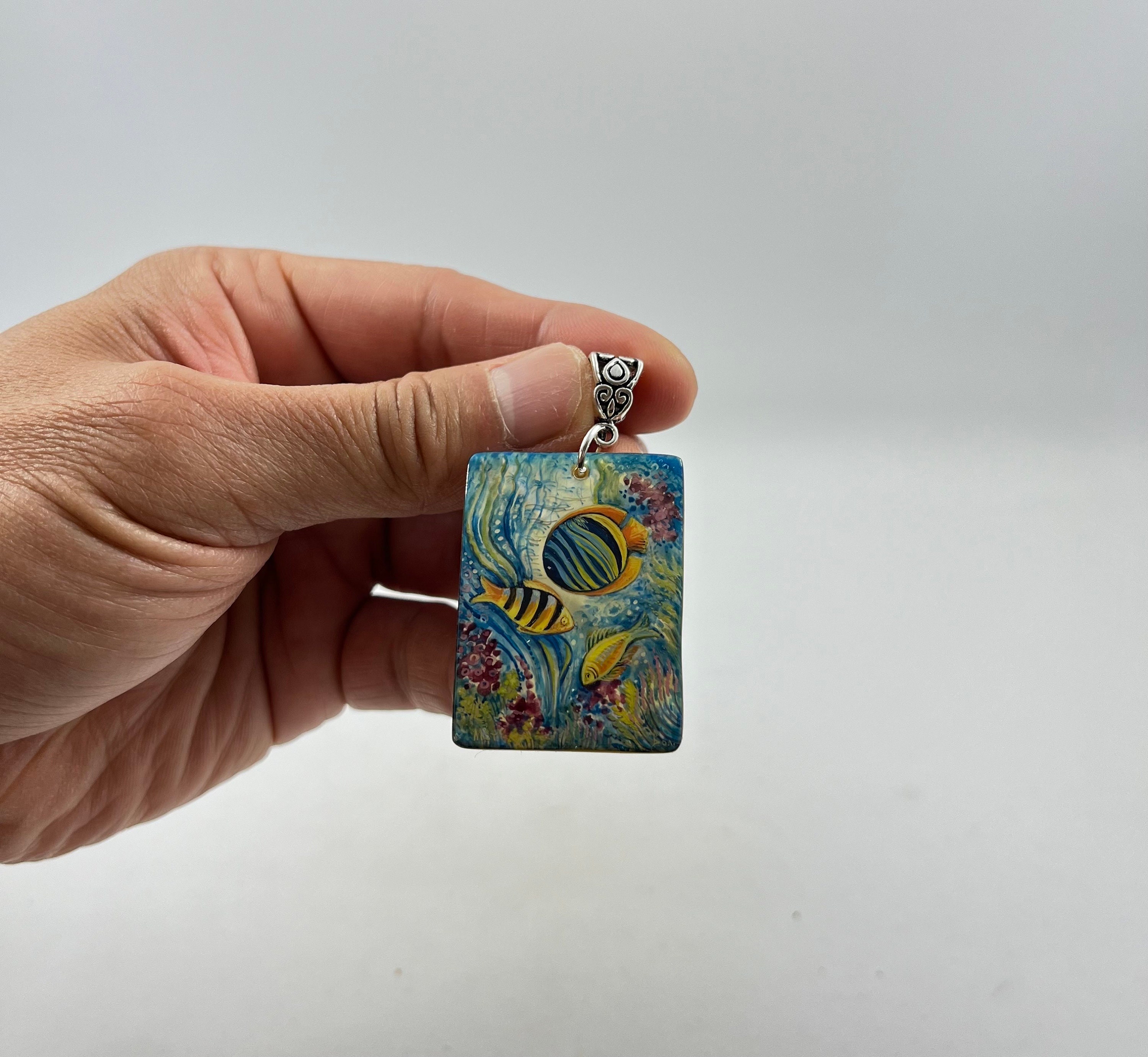 Hand Painted Fish Pendant: Marine Life Lacquer Art on Mother of Pearl ...