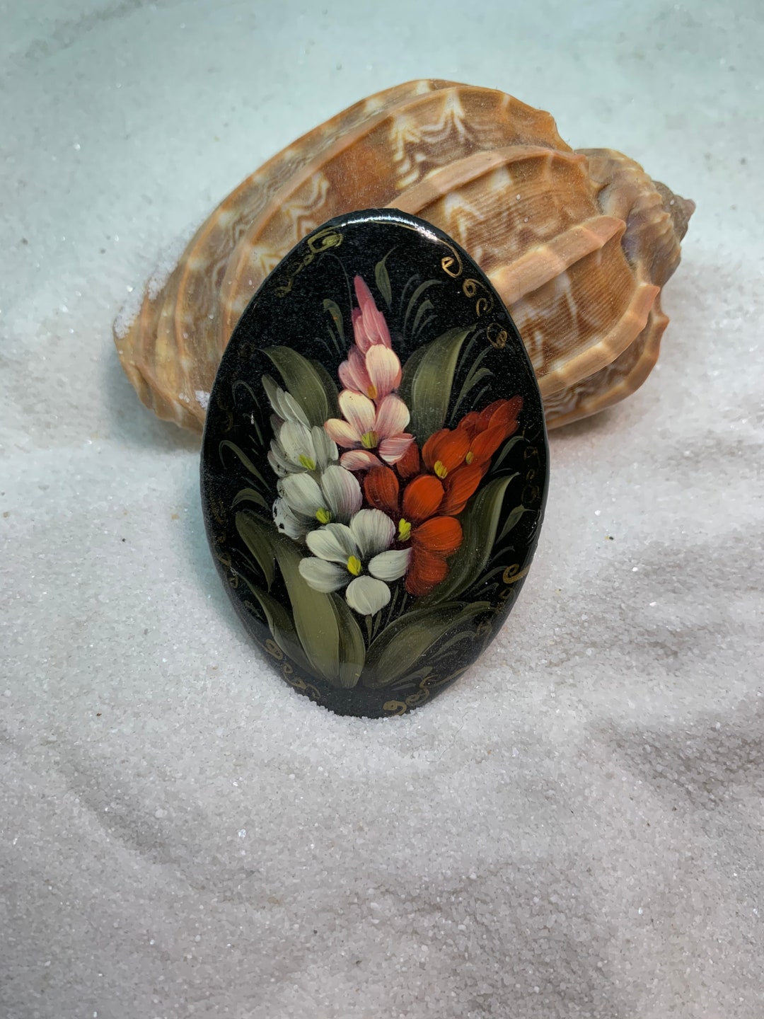 Flower Pin, Hyacinth Flower, Hand Painted Brooch, Paper Mache, Lacquer ...