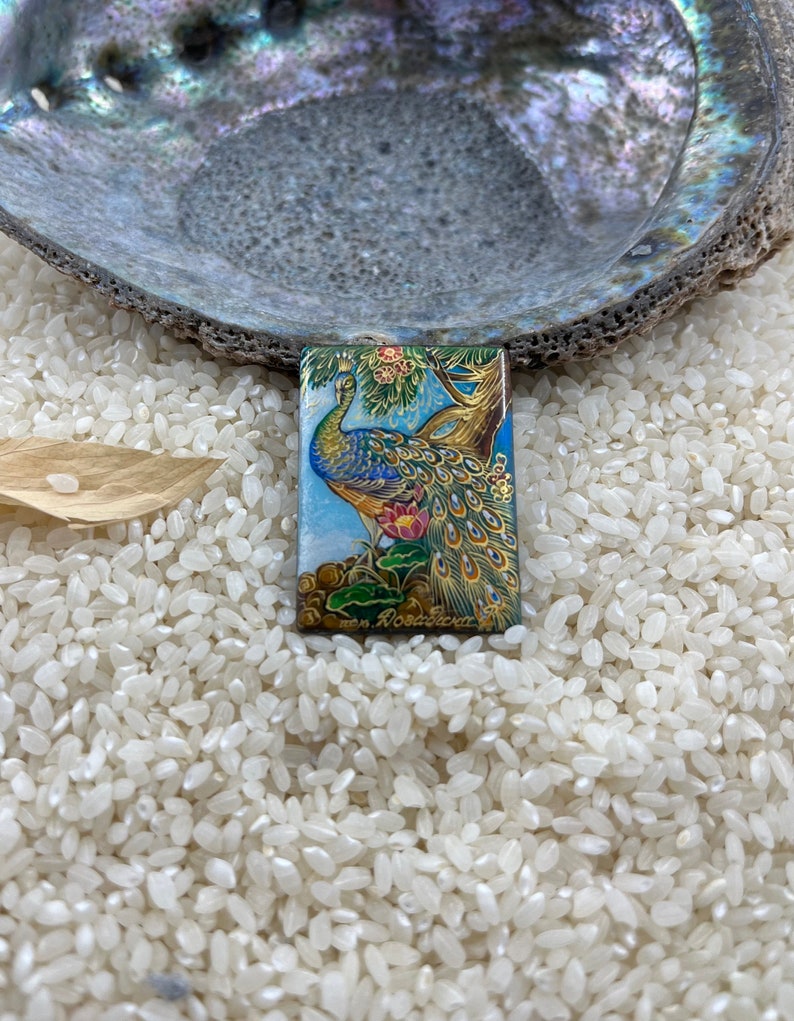 Hand Painted Peacock Onyx Bead: Art Nouveau Lacquer Jewelry (30x40mm ...