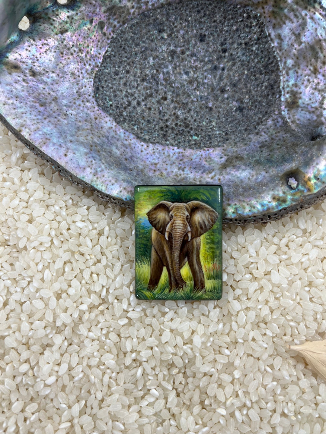 Hand Painted Elephant Bead: Black Agate Lacquer Art Jewelry (30x40mm ...