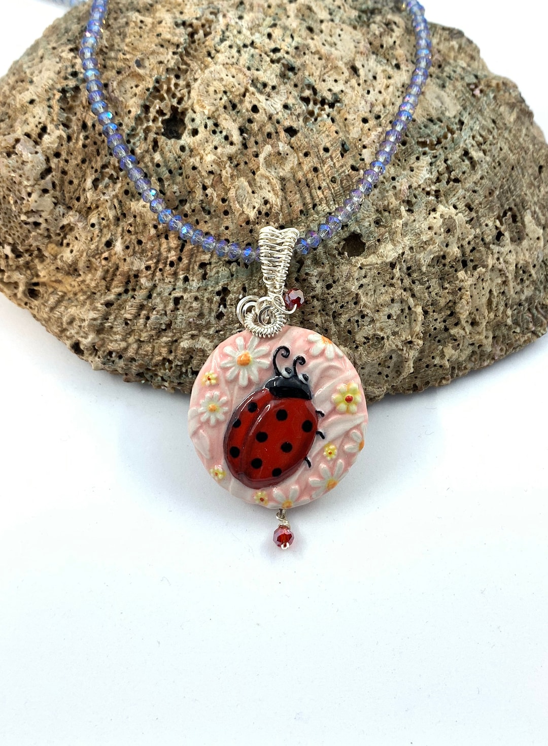 Hand Painted, Wire Wrapped, Pink Ladybug Jewelry, Porcelain Pendant ...