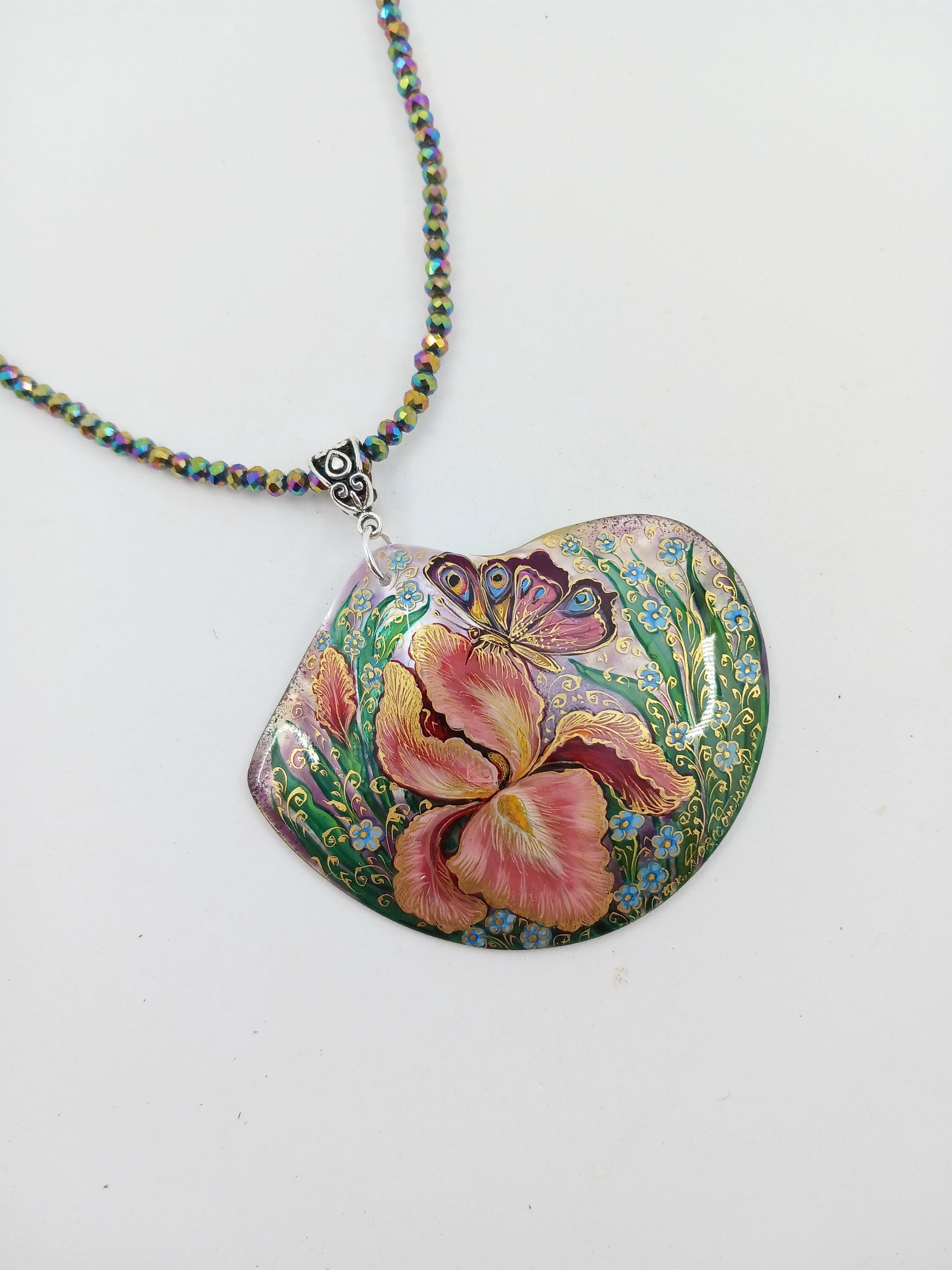 Hand Painted, Iris Flower With Butterfly, Shell Pendant, Mstera ...