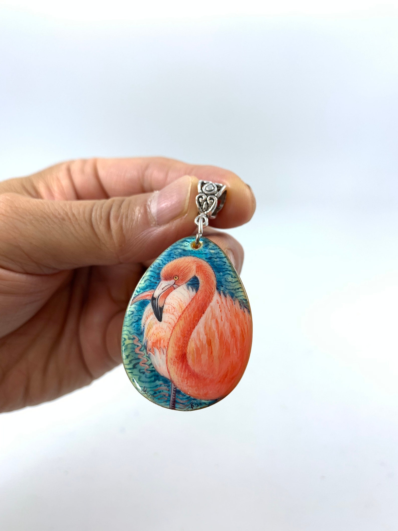 Hand Painted Flamingo Pendant Painted Shell Russian Lacquer - Etsy