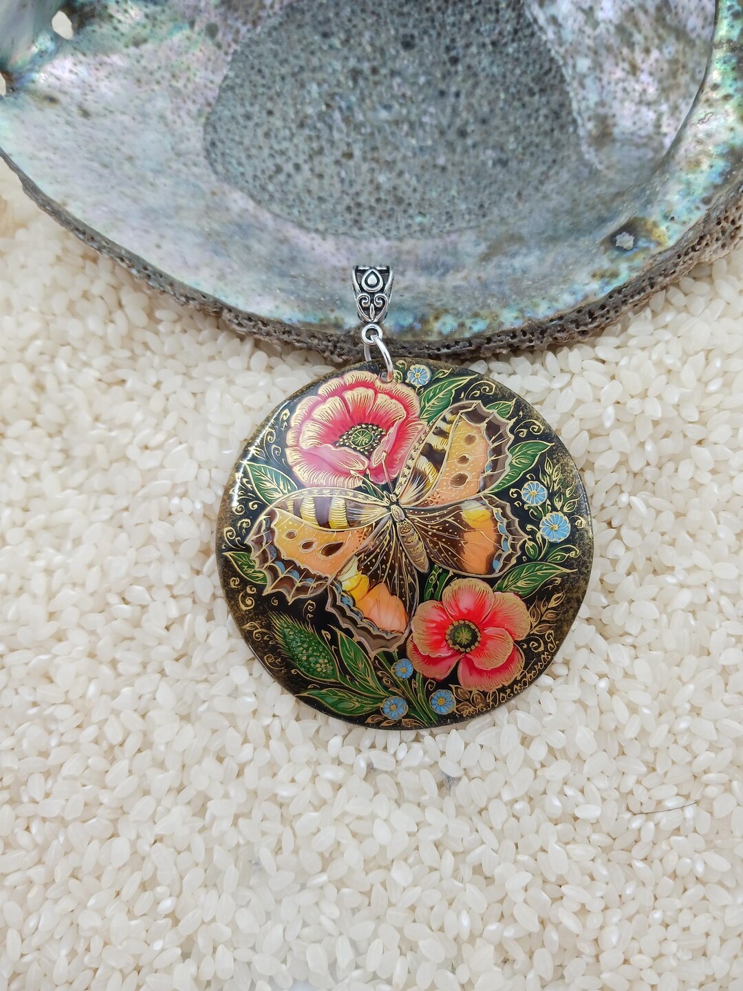 Hand Painted, Poppy Flower With Butterfly, Shell Pendant, Mstera ...