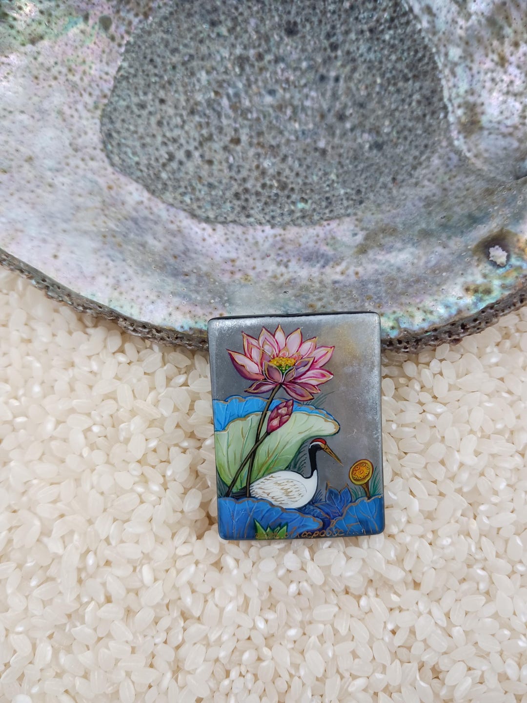 Hand Painted Crane & Water Lily Onyx Pendant: Lacquer Art Jewelry - Etsy