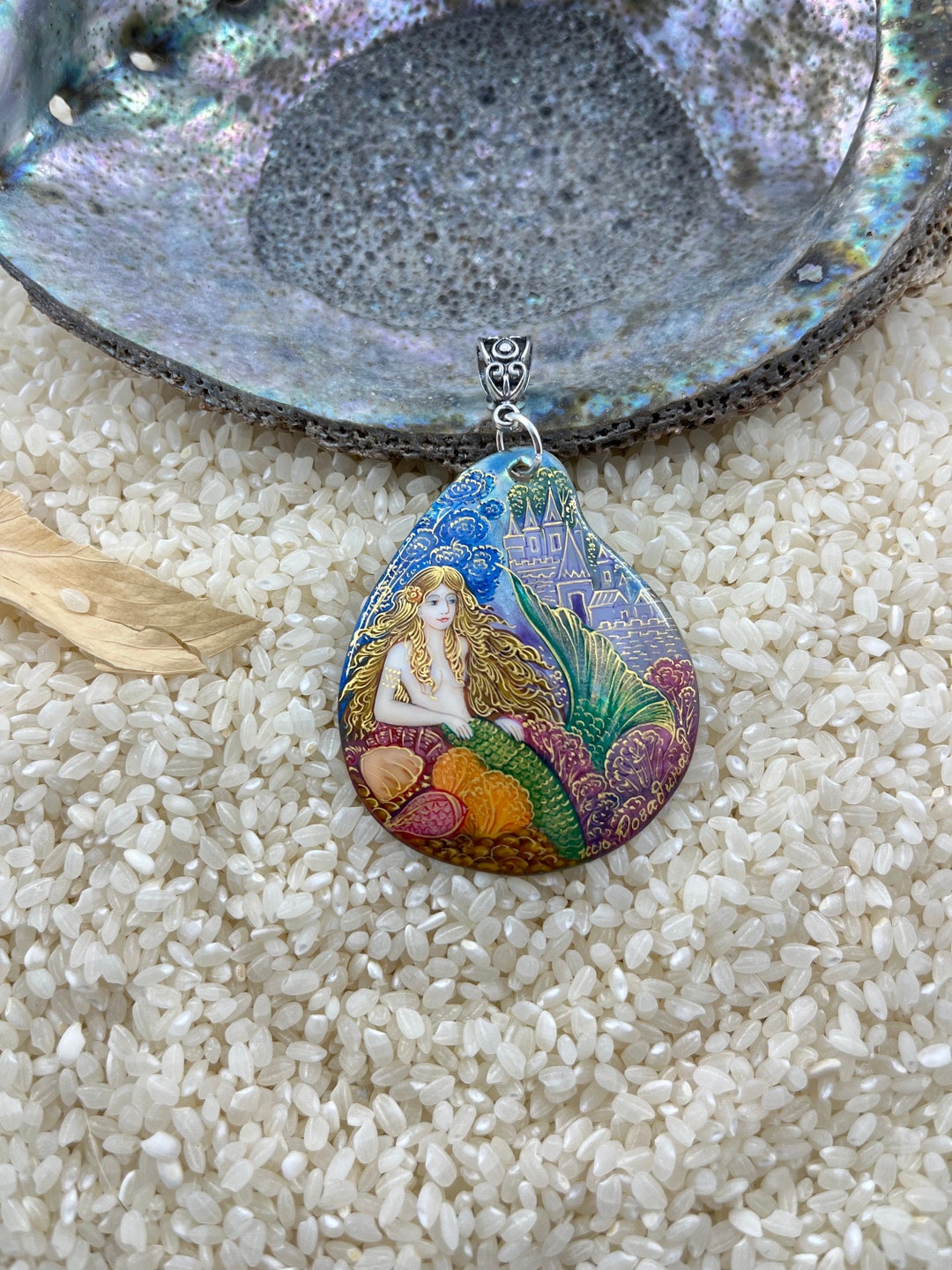 Mermaid Pendant, Hand Painted, Lacquer Art, Painted Abalone Shell ...