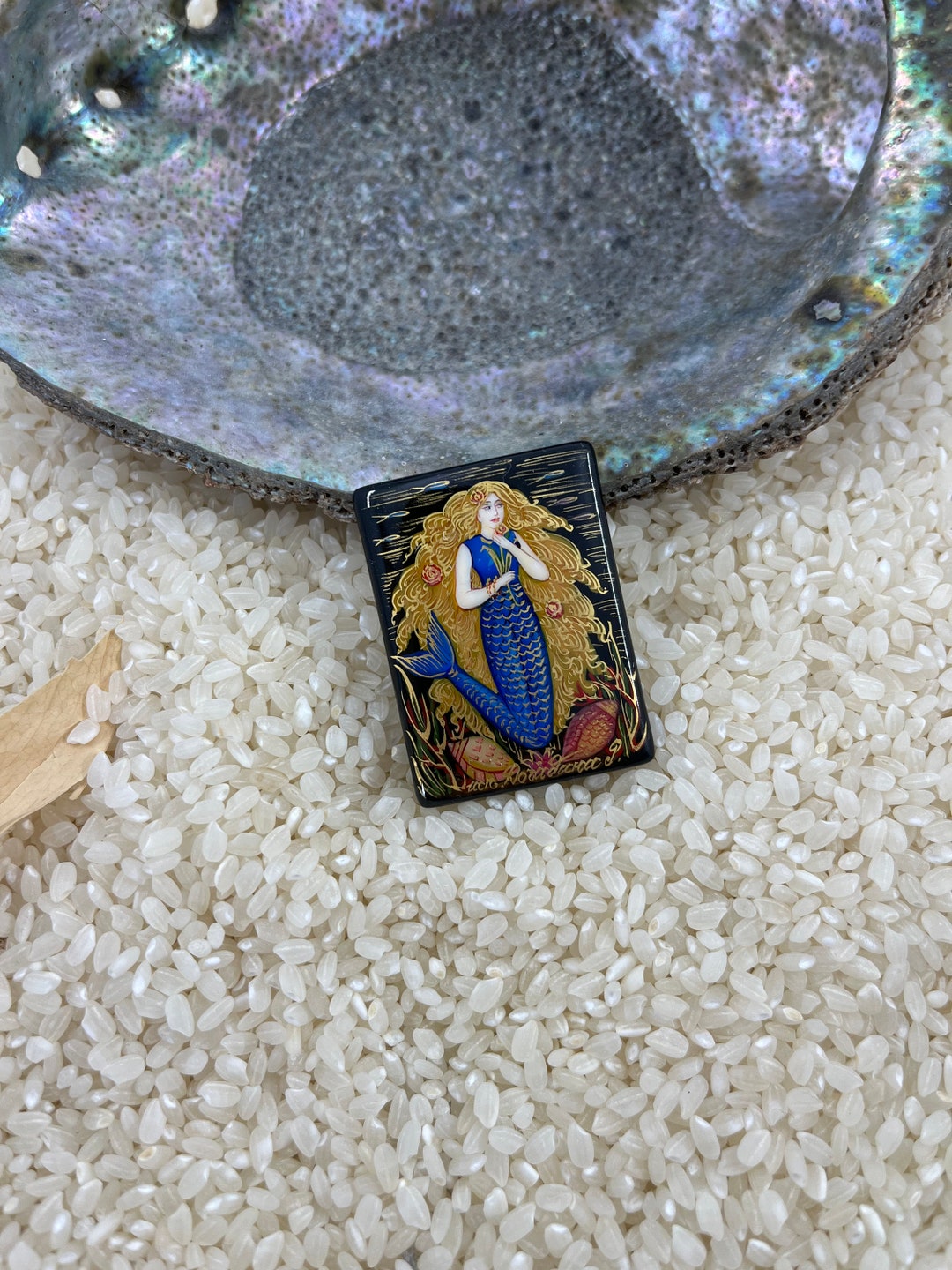 Mermaid Bead, Hand Painted, Painted Onyx, Lacquer Art, Art Nouveau ...
