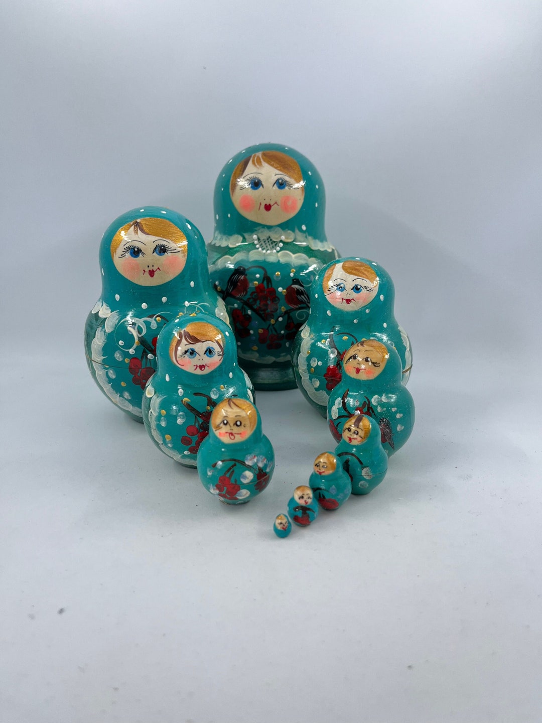 Green Color, Hand Painted, Traditional Nesting Doll, 10 Pieces Stacking ...
