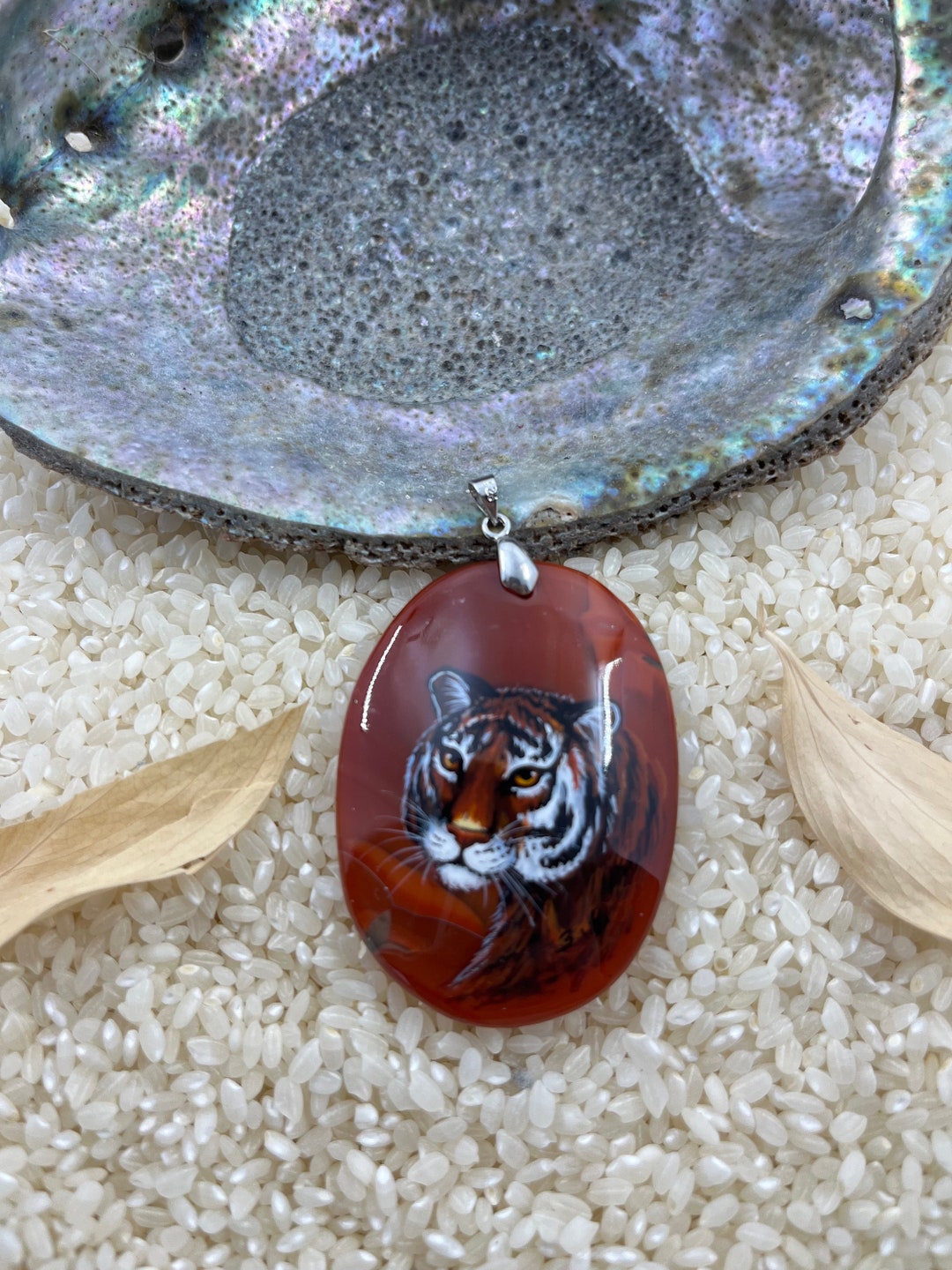 Hand Painted Tiger Agate Pendant: Lacquer Art Jewelry - Etsy