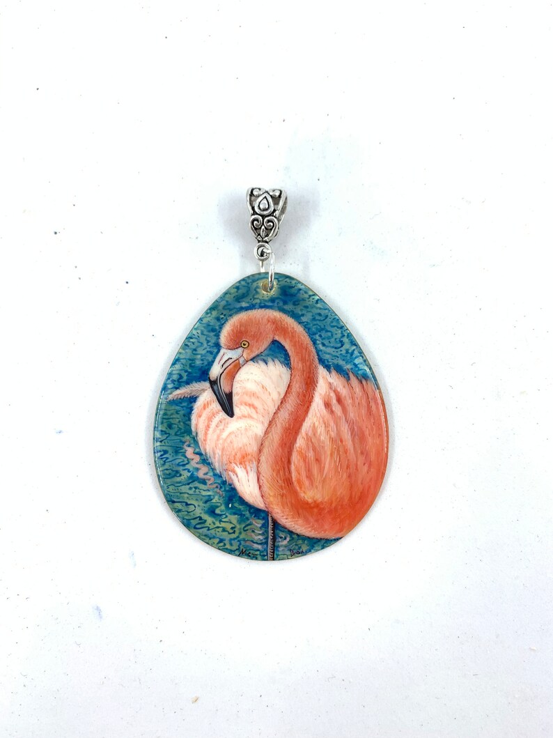 Hand Painted Flamingo Pendant Painted Shell Russian Lacquer - Etsy